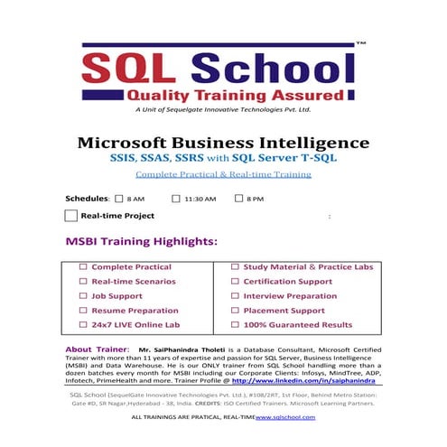 Msbi With Sql Server T Sql Microsoft Bi With Server T Sql Realtime Trainings Sql School Pdf 8297