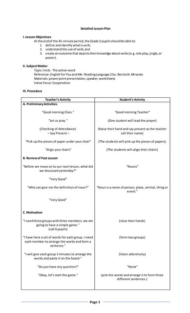 Detailed Lesson Plan In English 2 Verbs Pdf