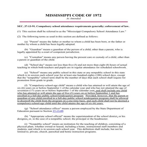 Mississippi Compulsory School Attendance Law | PDF