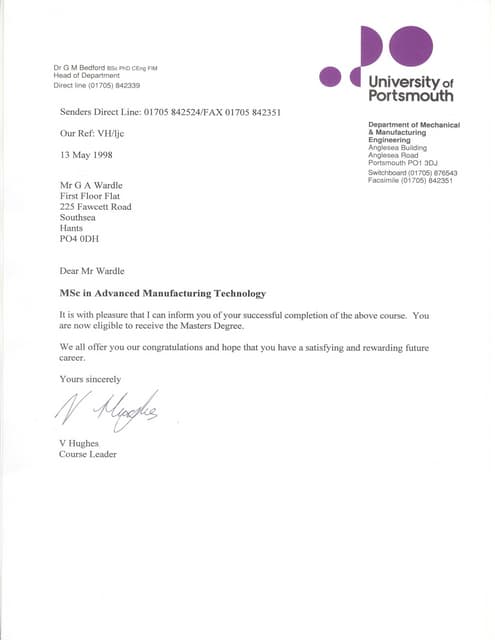 MSc in Aircraft Engineering award confirmation letter | PDF