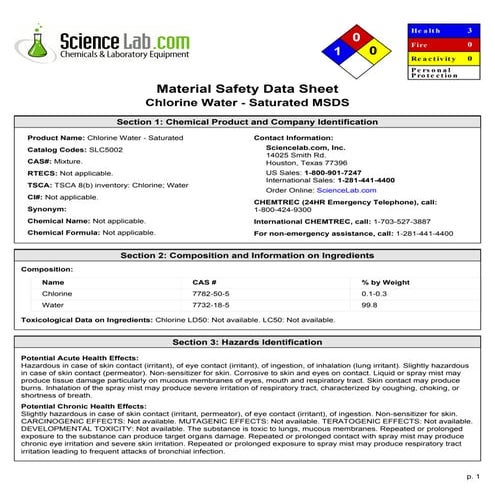 Liquid Chlorine Msds Sheet