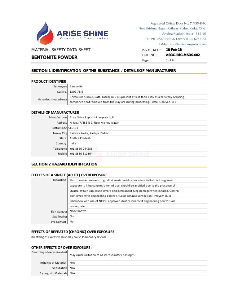 Bentonite MSDS ASGC-IMC-MSDS-002
