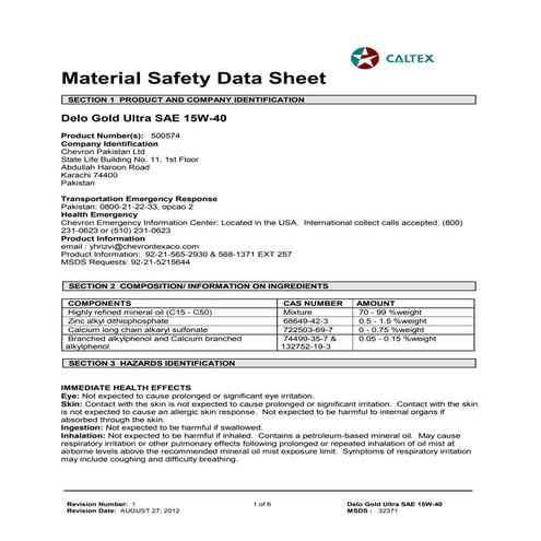 Msds delo gold ultra sae 15 w-40 | PDF