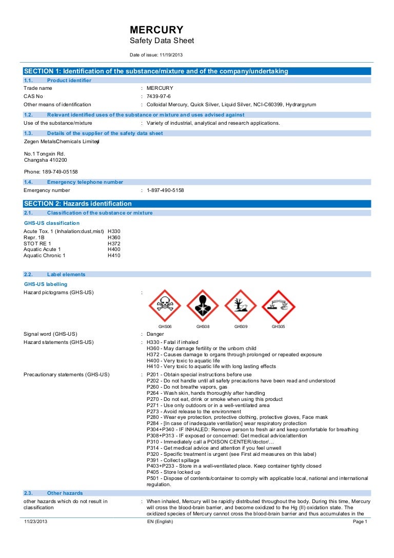 MSDS Silvery White Liquid Mercury Hg