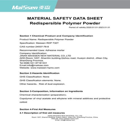 MSDS of redispersible polymer powder | PDF