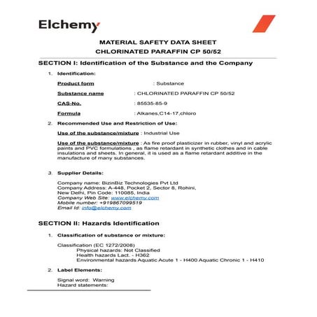Chlorinated Paraffin MSDS | Elchemy | PDF | First Aid | Injuries