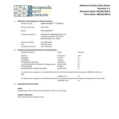 MSDS for PEGylated liposomal Doxorubicin containing cyanur reactive ...