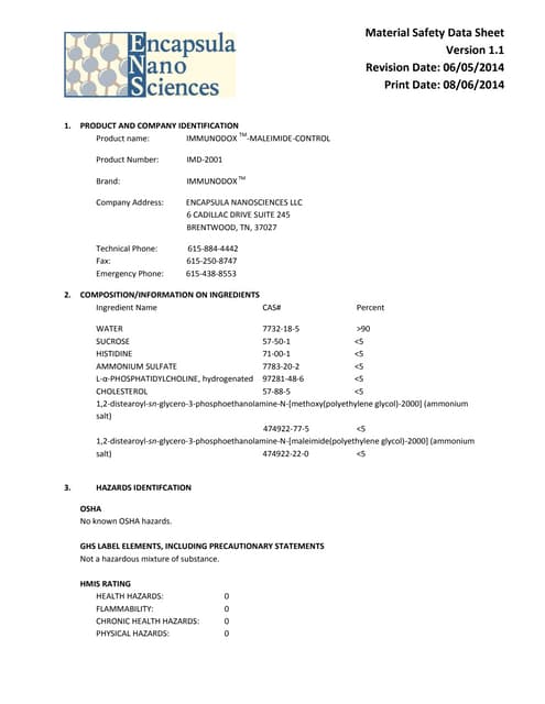 MSDS for PEGylated liposomal Doxorubicin containing NHS reactive lipid ...