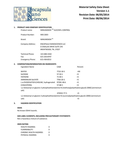 MSDS for PEGylated liposomal Doxorubicin containing maleimide reactive ...