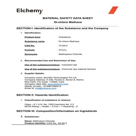 Methylene Chloride MSDS | Elchemy | PDF
