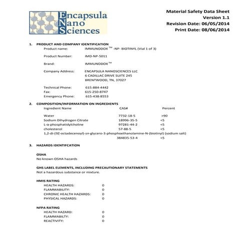 MSDS for PEGylated liposomal Doxorubicin containing azide lipid for ...