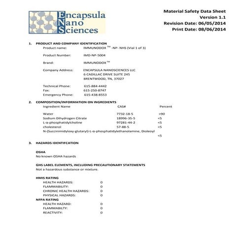 MSDS for PEGylated liposomal Doxorubicin containing maleimide reactive ...