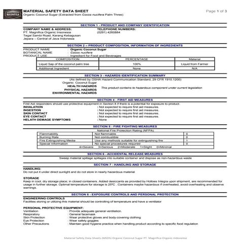 MSDS organic coconut sugar | PDF