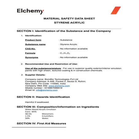 Styrene Acrylic MSDS | Elchemy | PDF