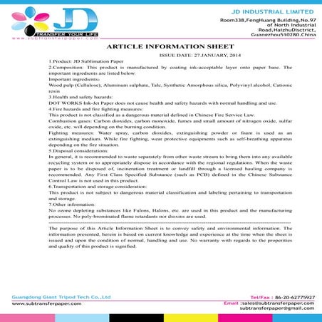 Msds sublimation paper | PDF