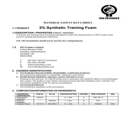 Oil Technics MSD Sheet Training Foam Synthetic-3 | PDF
