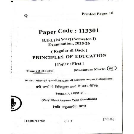 U.P B.Ed. First Semester Principle of Education Question Paper | PDF