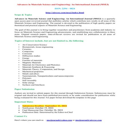 Advances in Materials Science and Engineering: An International Journal ...