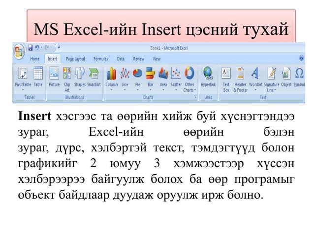 Ms Excel ийн Insert цэс Ppt