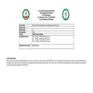 MS Excel for Business and Management Elective Course Syllabus ay 2020 ...