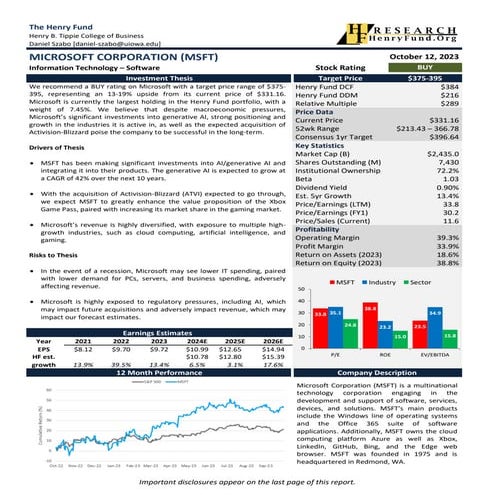 Microsoft Stock Pitch and analysis Presentation | PDF