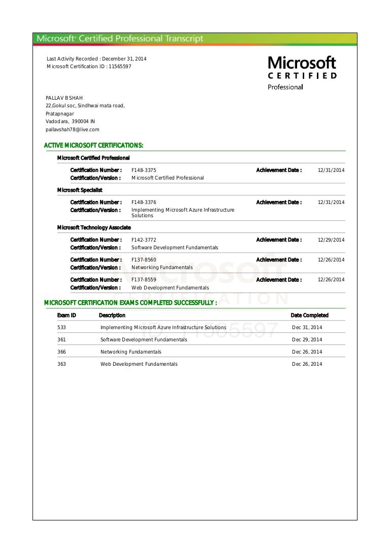 Microsoft Certified Professional Transcript
