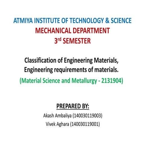 Classification of Engineering Materials, Engineering requirements of ...