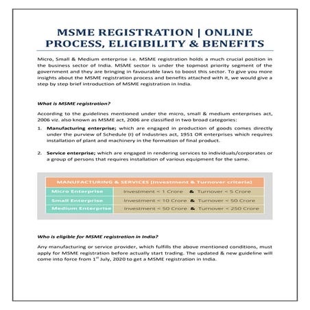 MSME REGISTRATION | ONLINE PROCESS, ELIGIBILITY & BENEFITS | PDF