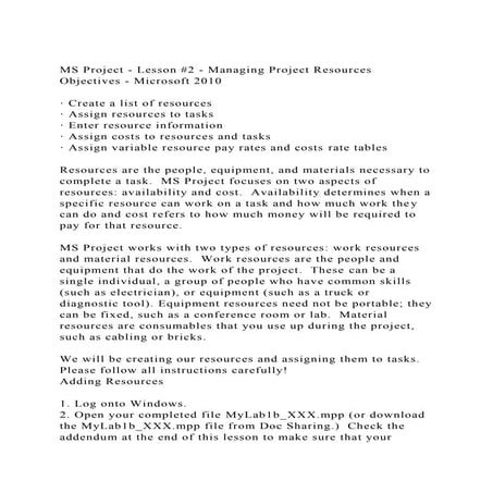 MS Project - Lesson #2 - Managing Project ResourcesObjectives - .docx