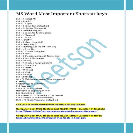 MS Word Most Important Shortcut keys A to Z | PDF