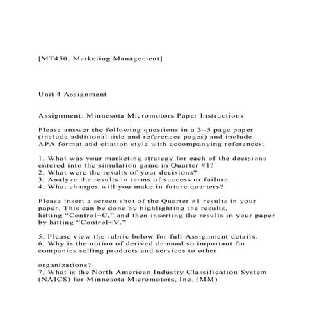 [MT450 Marketing Management] Unit 4 Assignment .docx