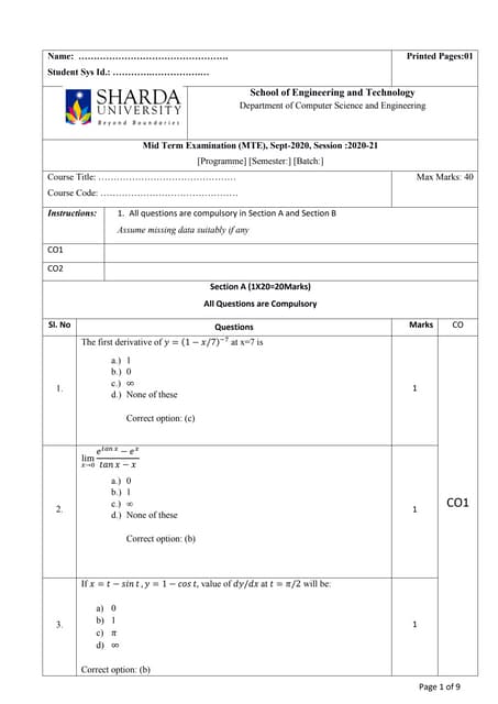 Multiple Choice Questions_Successive Differentiation (CALCULUS) | PDF