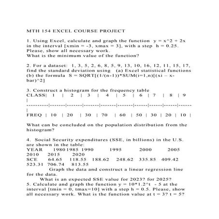 MTH 154 EXCEL COURSE PROJECT1. Using Excel, calculate and grap.docx