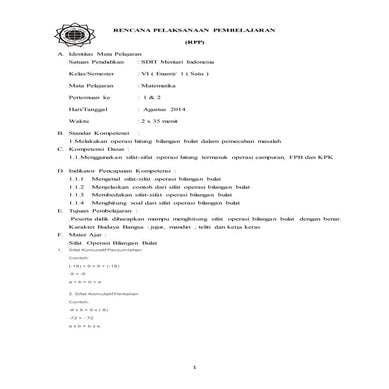 Contoh RPP Matematika kelas 6 Semester 1 | DOCX