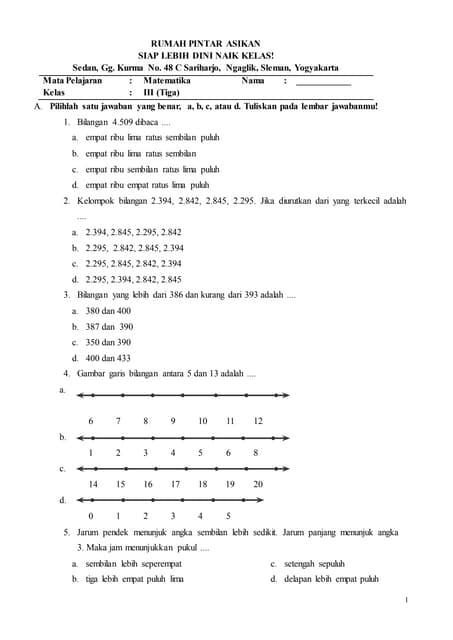 Soal Matematika kelas 3 sd semester 1 | PDF