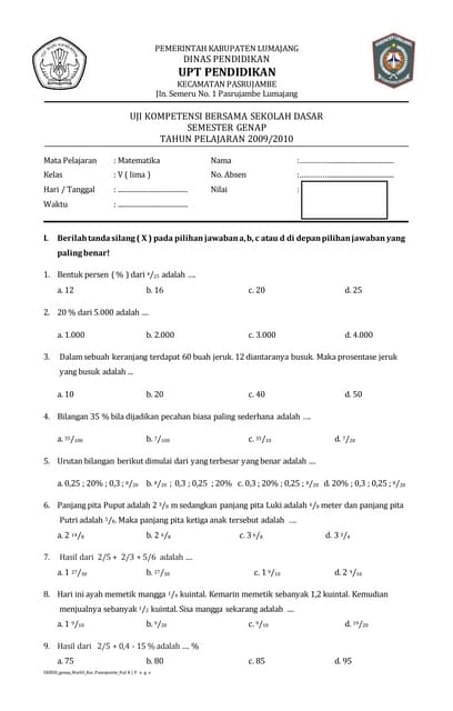 Soal untuk nilai kartu matematika | PDF