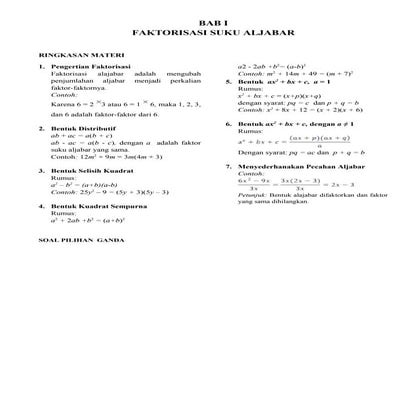 soal matematika faktorisasi suku aljabar | DOC
