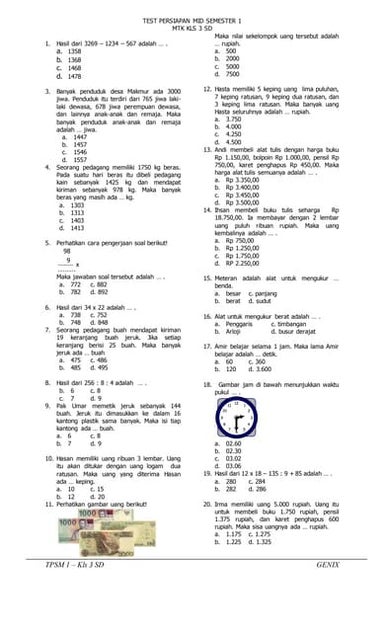 Soal uts matematika kelas 3 semester 1 | PDF