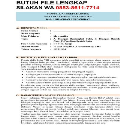 Modul Ajar Pembelajaran Mendalam Matematika Kelas 8 | DOCX