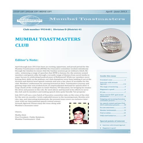 Mumbai Toastmasters Newsletter April-June 2013 | PDF