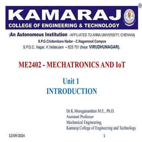 MECHATRONICS AND IoT (INTRODUCTION TO MTR) | PPTX