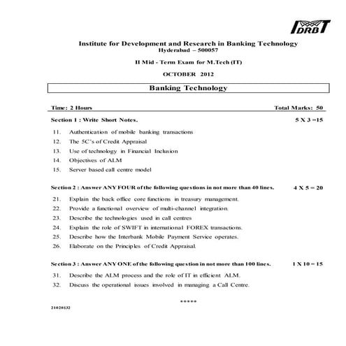 Banking Technology (Mid Term 2) oct-2012 | PDF