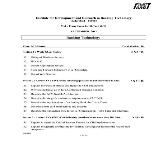 Banking Technology (Mid Term 1) Papers sep-2012 | PDF