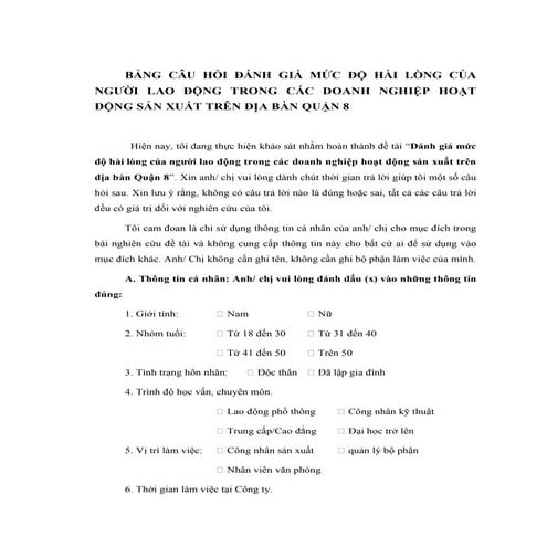 Muc do hai long cua nguoi lao dong trong cac doanh nghiep hoat dong san xuat tren dia ban quan 8 ...