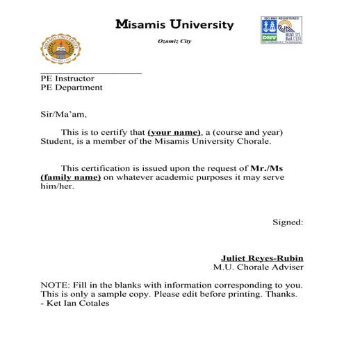 Mu chorale certification (sample copy) | PDF