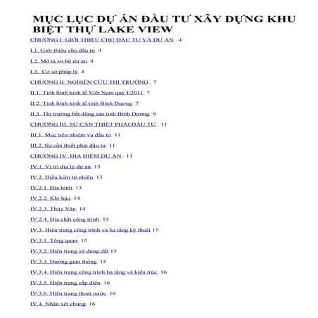 Muc luc du an dau tu xay dung khu biet thu lake view | DOC