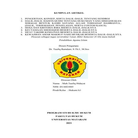 Muh.Taufiq Hidayat(D1A021045) Ujian Akhir Semester Agama Islam, Ilmu Hukum, Dr.Taufiq Ramdani, S ...