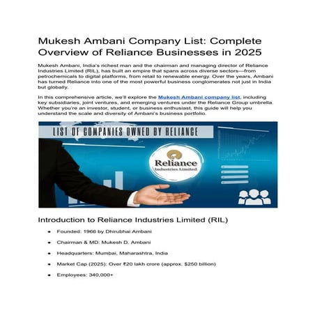 Mukesh Ambani Company List: Complete Overview of Reliance Businesses in ...