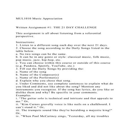MUL1010 Music AppreciationWritten Assignment #1 THE 21 DAY .docx