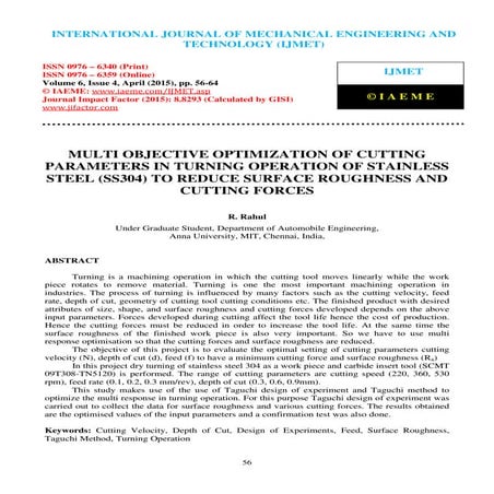 MULTI OBJECTIVE OPTIMIZATION OF CUTTING PARAMETERS IN TURNING OPERATION OF STAINLESS STEEL ...
